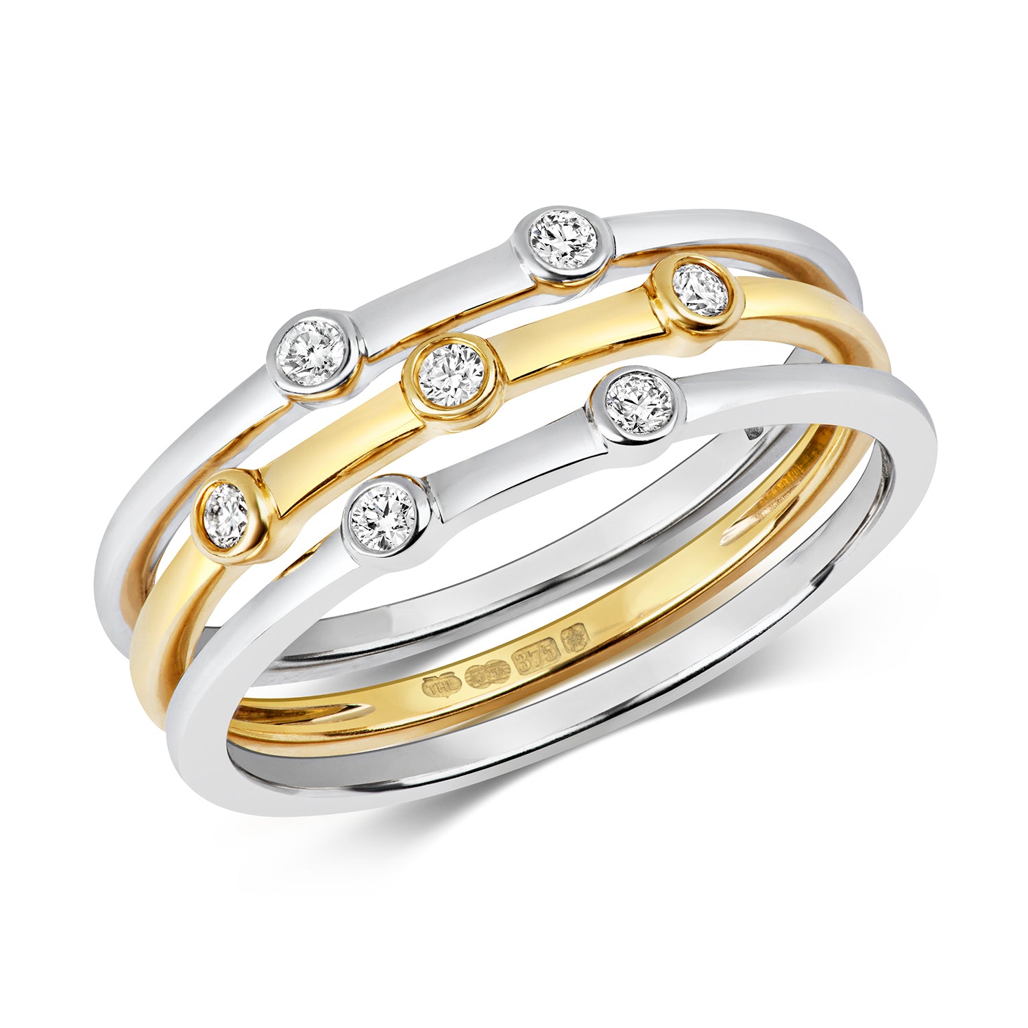 9ct White Gold & Yellow Gold 3 Ring set with 0.11ct Diamonds – Veylaa ...